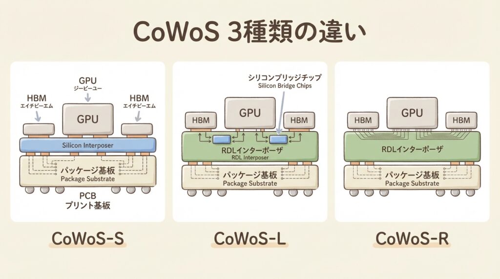 【図解】CoWoS-S・CoWoS-L・CoWoS-Rの違いとは？3種類を表で徹底比較 | AIインフラLab